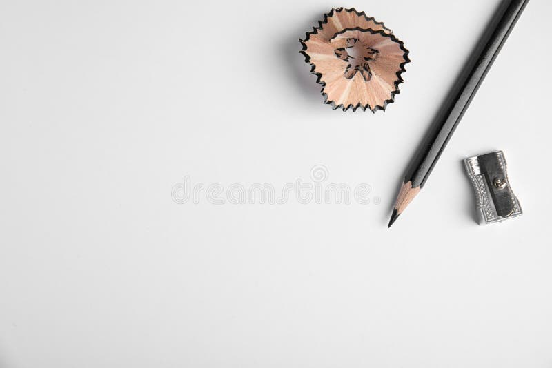 Pencil, Sharpener and Shaving on White, Top View Stock Photo - Image of ...