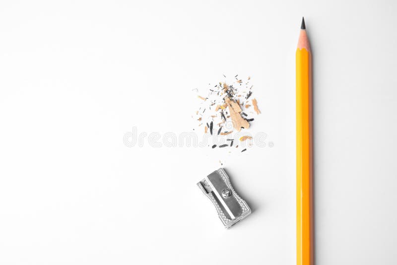 Pencil, Sharpener and Shavings on Background, Top View Stock Photo ...