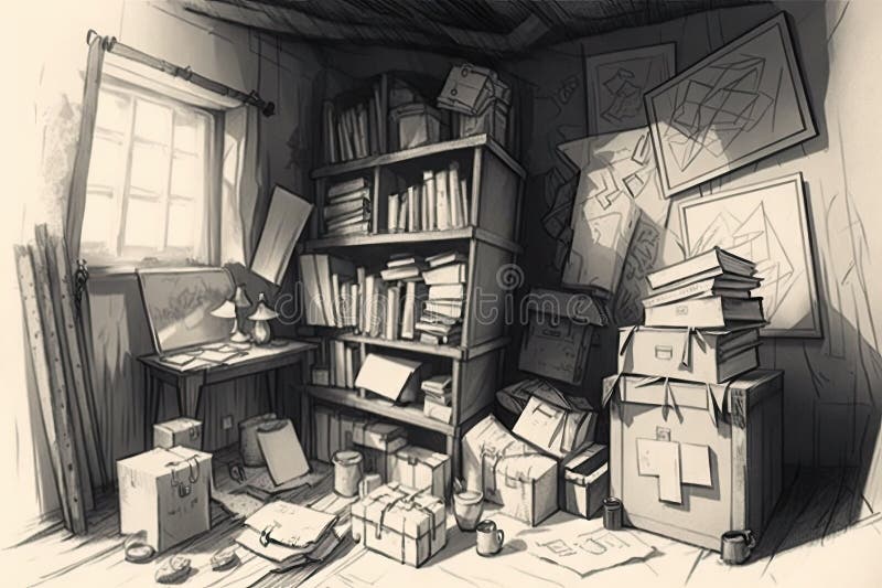 Pencil Sketch of a Cluttered Attic, with Boxes, Trunks and Books Stock ...
