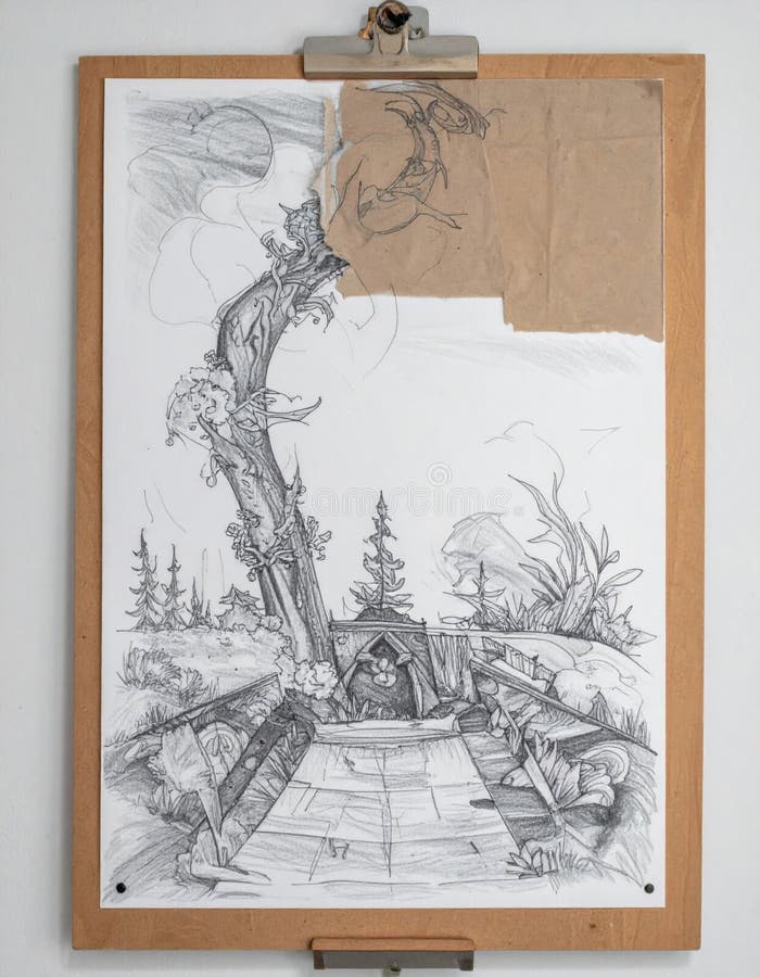 Pencil Sketch Drawing of an Old Stone Stairway on Clip Board Stock ...