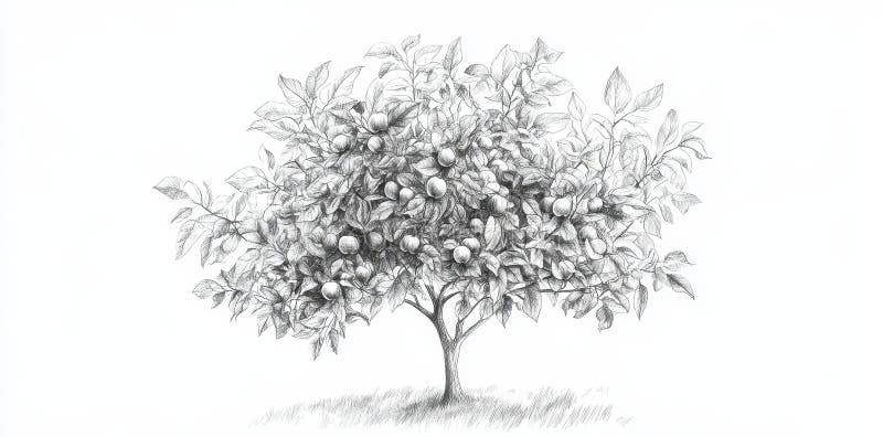 Pencil Sketch of a Fruit Tree with Leaves and Fruit Stock Illustration ...