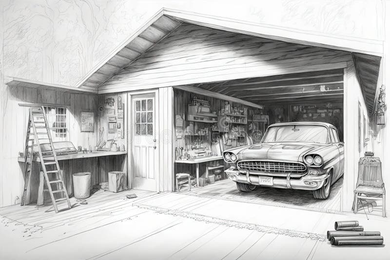 Pencil Sketch of Garage with Tools and Vehicles in the Background Stock ...