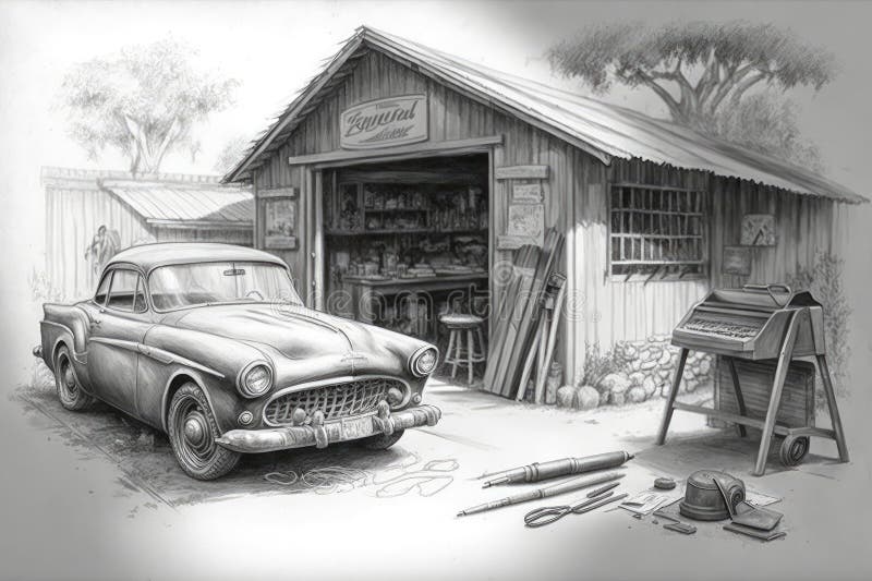 Pencil Sketch of Garage with Vintage Car and Tools in Foreground Stock ...