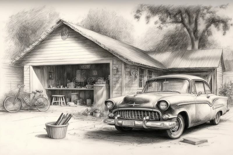 Pencil Sketch of Garage with Vintage Car and Tools in Foreground Stock ...