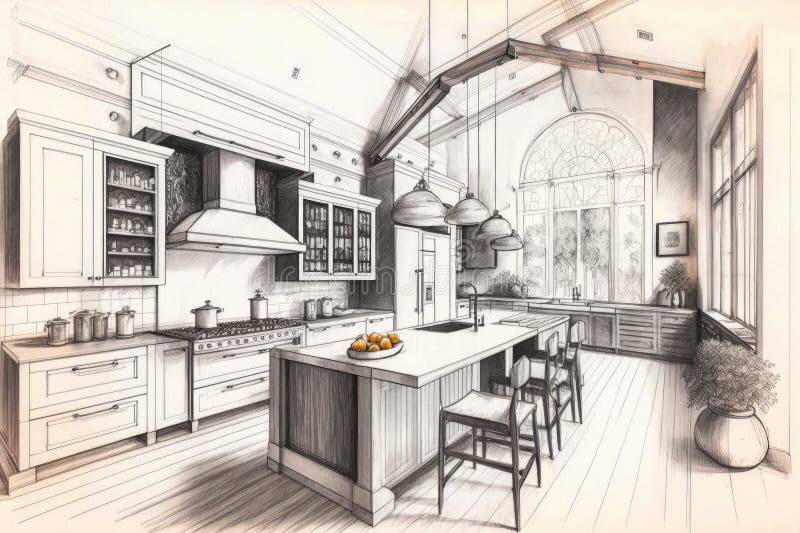 A Pencil Sketch of an Intricate Kitchen with a Mix of Warm and Modern ...