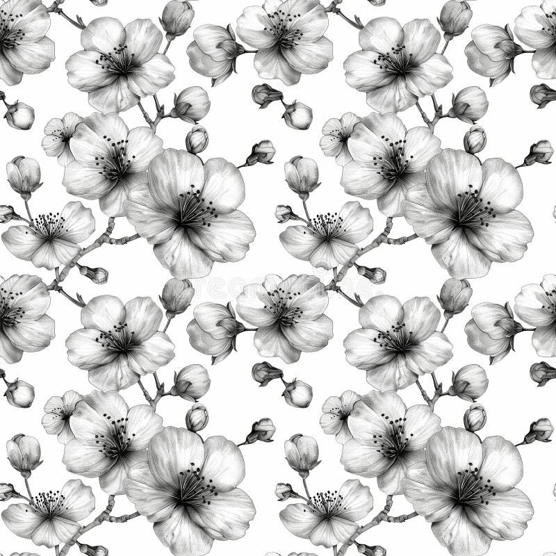 Pencil Sketch Seamless Floral Pattern of Cherry Blossoms on White ...