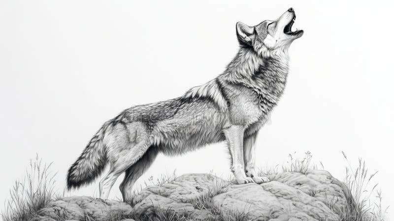 A Pencil Sketch of a Wolf Howling Atop Rocks, Suitable for Educational ...