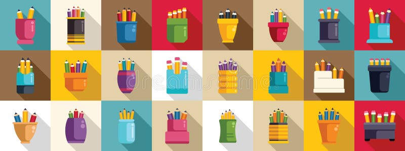Pencil Stand Icons Set Flat Vector. School Art Holder Stock Vector ... Pencil Stand Icons Set Flat Vector. School Art Holder Stock Vector ...