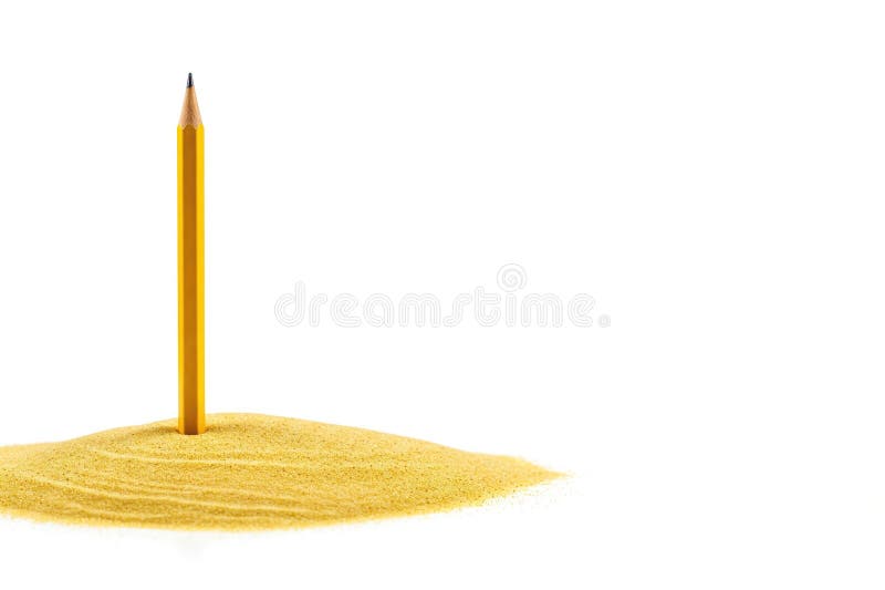 A Pencil Stuck in Yellow Sand, on a White Background. Space for Text ...
