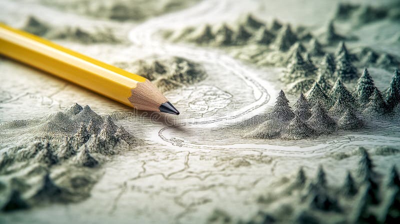 Pencil Tracing a Winding Path on a 3d Map Stock Photo - Image of trek ...