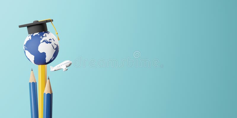 Pencil with World Wearing Graduation Cap with Copy Space 3D Render ...