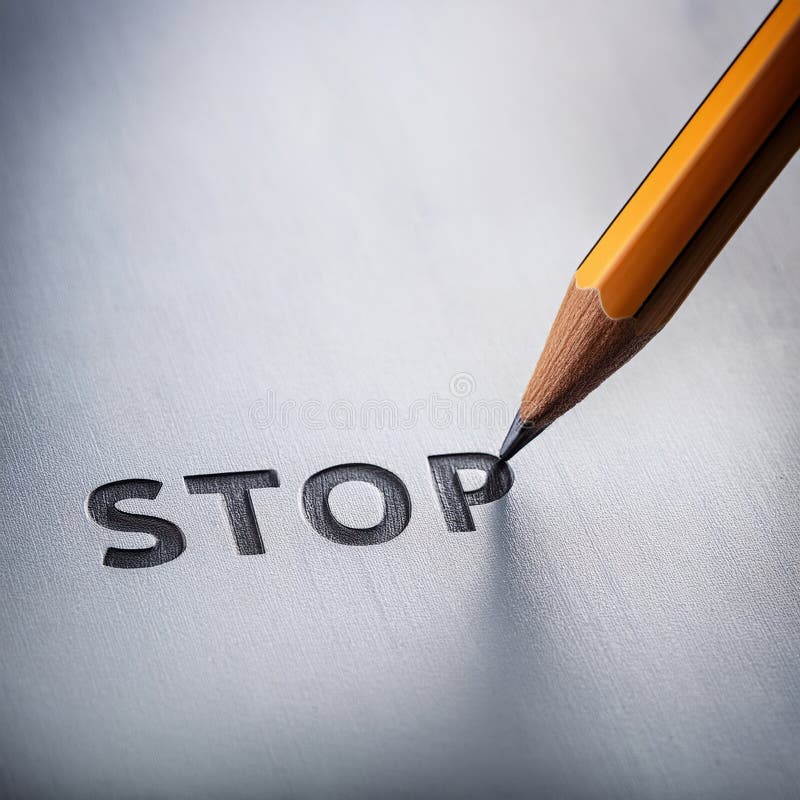 Pencil Writing the Word Stop on a Smooth White Surface Stock ...