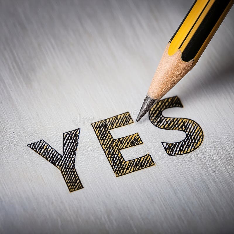 Pencil Writing the Word Yes on a Textured Metallic Surface during ...