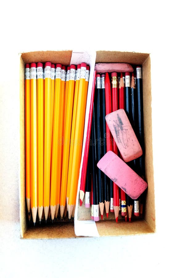 Pencils in Box with Erasers for Work or Business Stock Photo - Image of ...