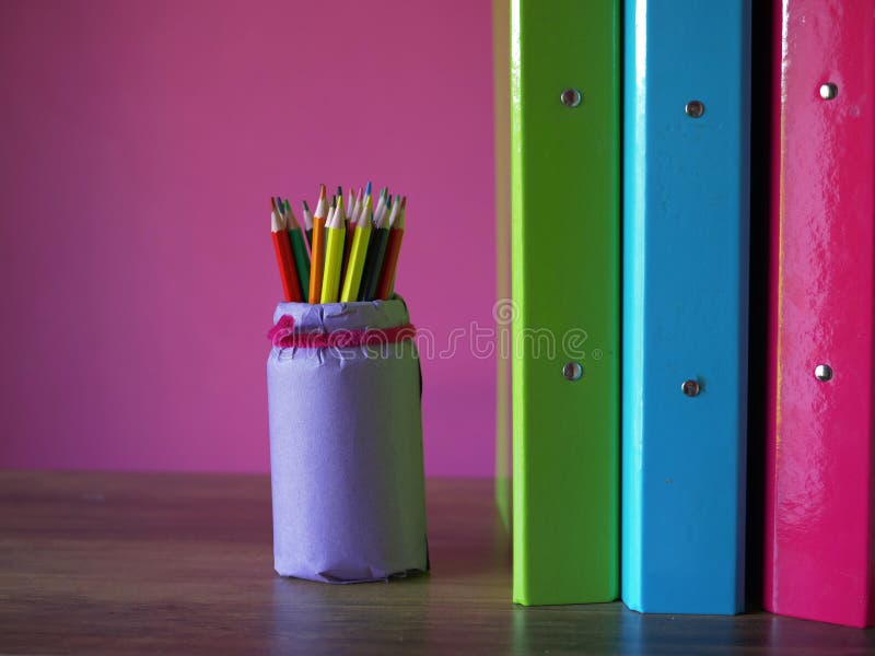 Pencils and Folder Binders on a Desk Colorful Stock Photo - Image of ...