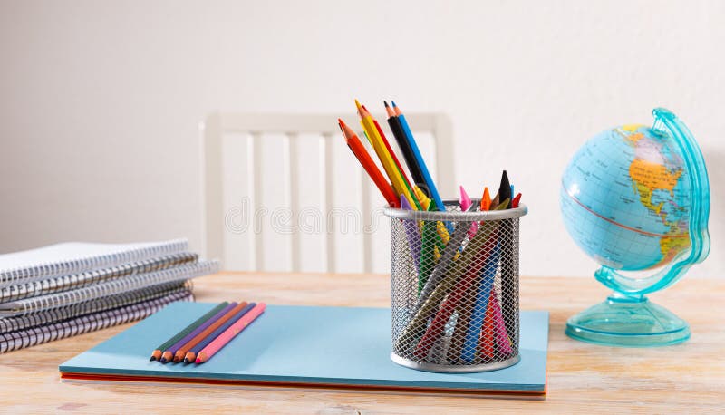 Pencils, Globe, Workbooks on Student Table Stock Photo - Image of ...