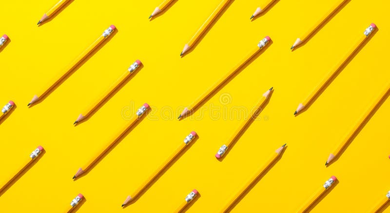 Pencils Laid in a Repeating Pattern with Precise Alignment on a Yellow ...