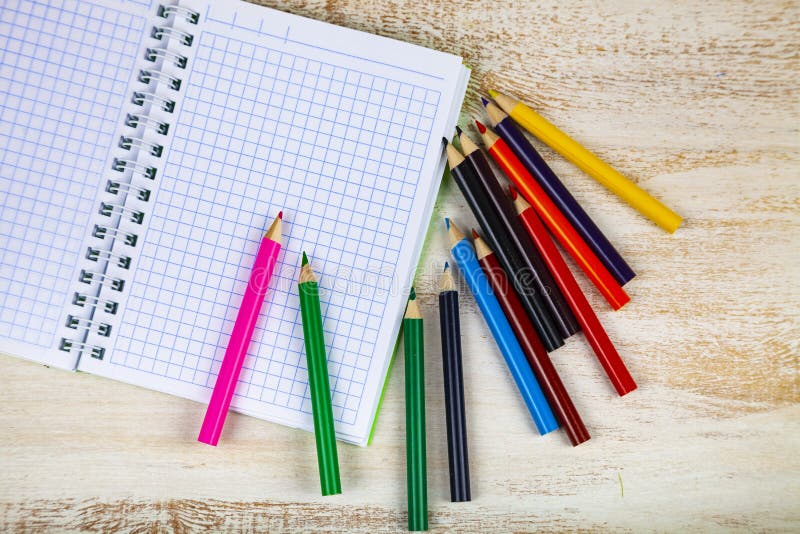 Pencils and notebook stock photo. Image of board, back - 156164878