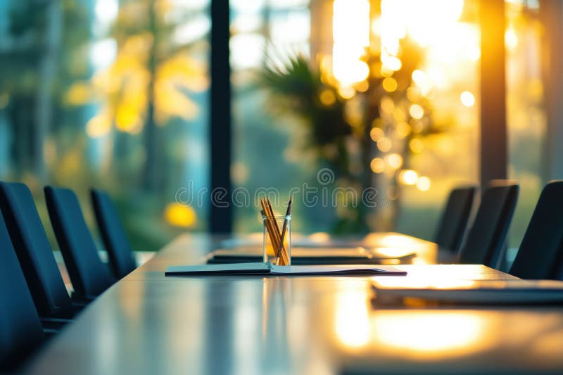 Empty Conference Room with Pencils and Notebook at Sunset Stock ...