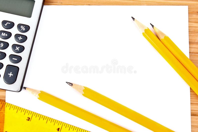 Pencils, Paper, Calculator and Ruler Stock Photo - Image of supply ...