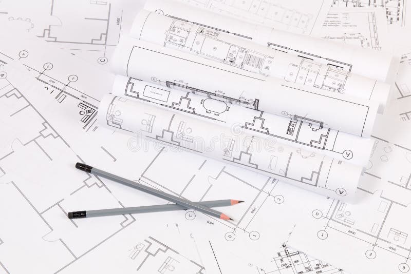 Paper Architectural Drawings and Blueprint. Engineering Blueprint Stock ...
