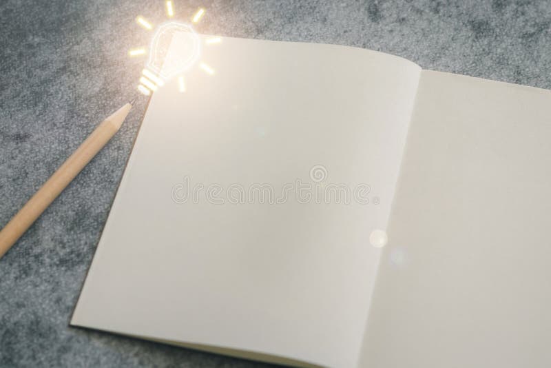 Pencils and Plain Notebook with Light Bulb Futuristic Icon on Black ...