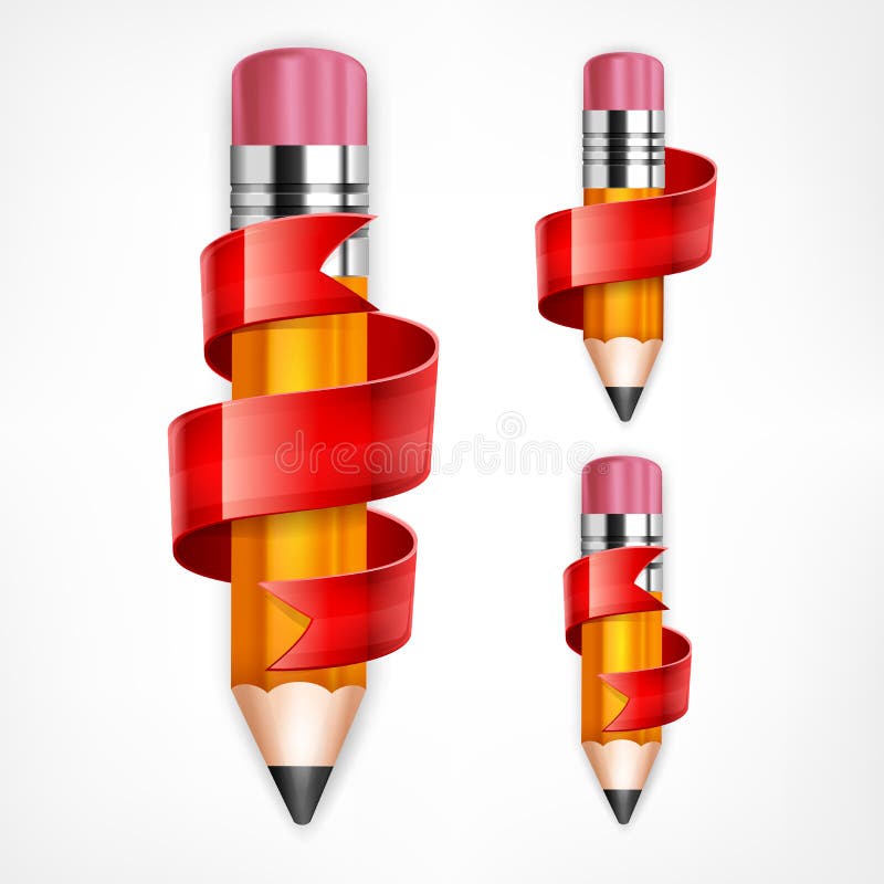 Pencils with red ribbons stock vector. Illustration of education - 65562653