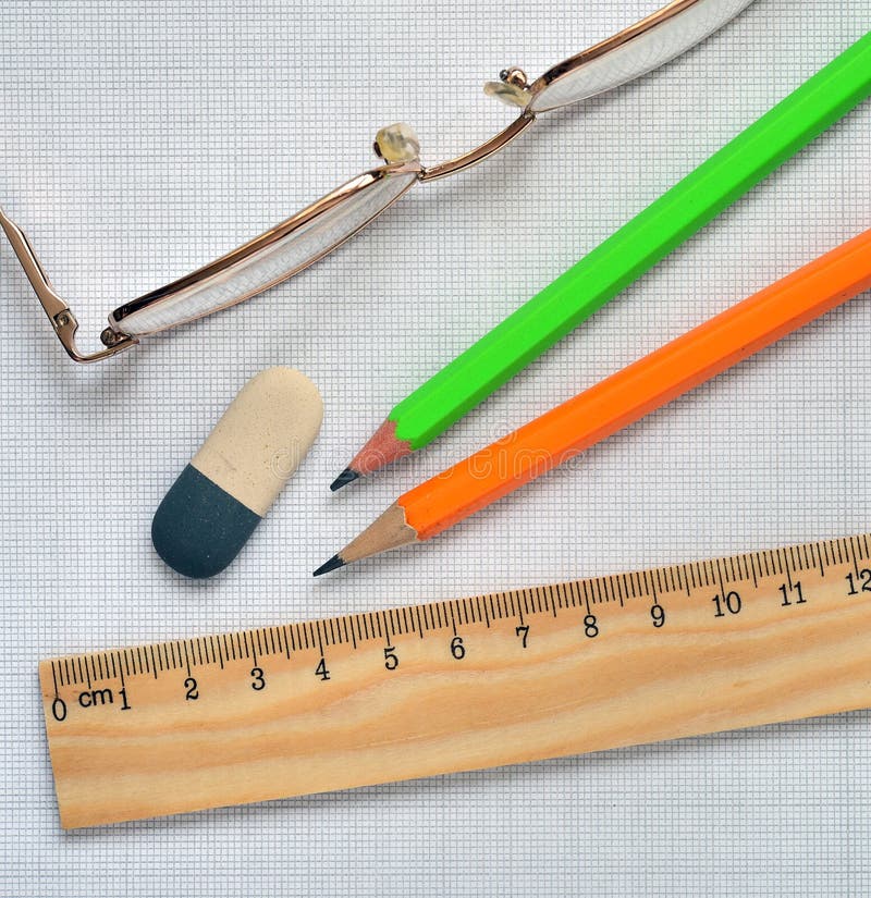 Pencils and wooden ruler stock photo. Image of eraser - 85226892