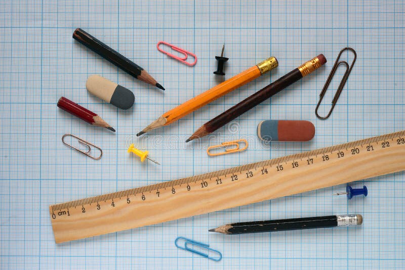 Pencils and wooden ruler. stock image. Image of tack - 92827237
