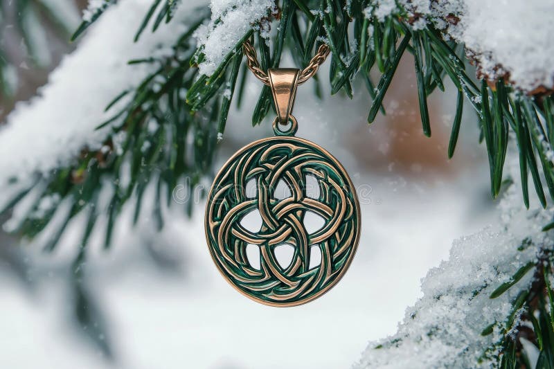 A Pendant Adorned with Celtic Designs Against a Winter Backdrop Stock ...