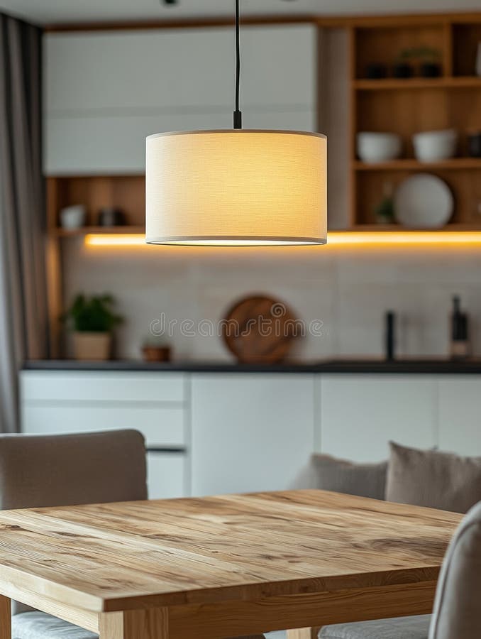 Pendant Lamp Over Wooden Dining Table Modern Kitchen Stock Photos ...