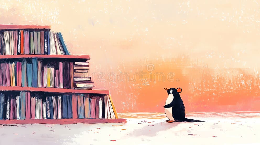 Penguin Admires a Stack of Colorful Books Stock Illustration ...