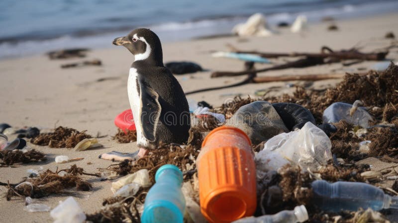A Penguin on the Beach with Garbage, Plastic Waste, Concept ...