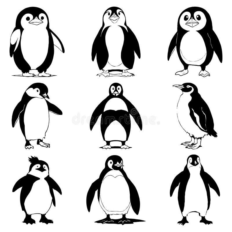 Penguin Black and White Vector Silhouette Isolated on White Background ...