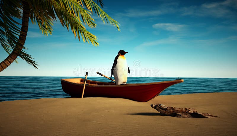 Penguin in a Boat on the Shore Stock Illustration - Illustration of ...
