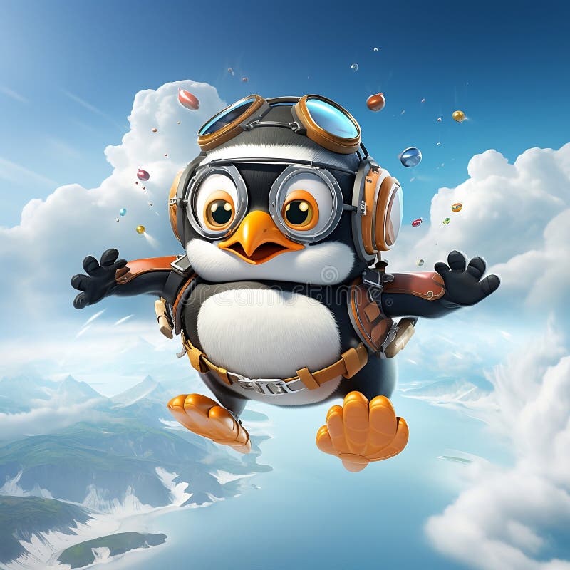 Penguin Cartoon with Jet Pack and Safety Goggles Flying in the Clouds ...