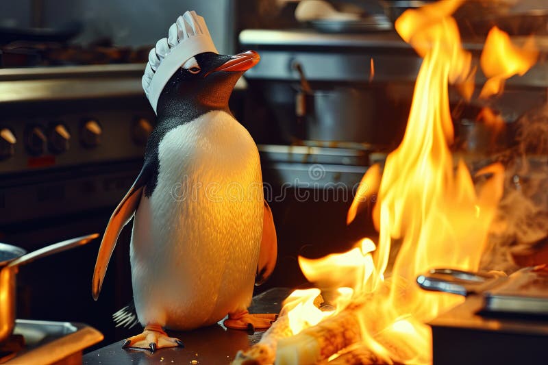 Penguin Chef Cooking with Volcano Heat Generative AI Stock Illustration ...