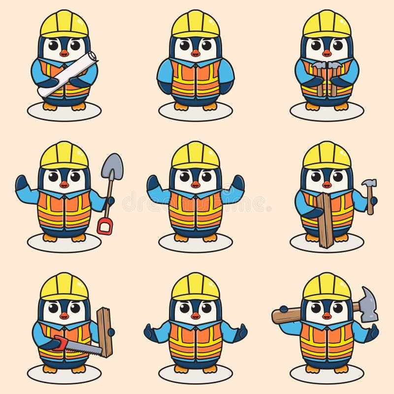 Cute Penguin Construction Contractor Set Stock Vector - Illustration of ...