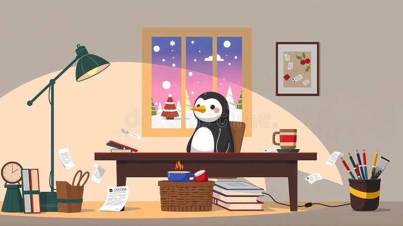 Cartoon Penguin Sitting on Chair at Desk with Papers Everywhere Stock ...