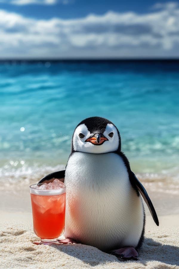 Penguin with a Cute Face Relaxing on a Beautiful Beach with a Cocktail ...
