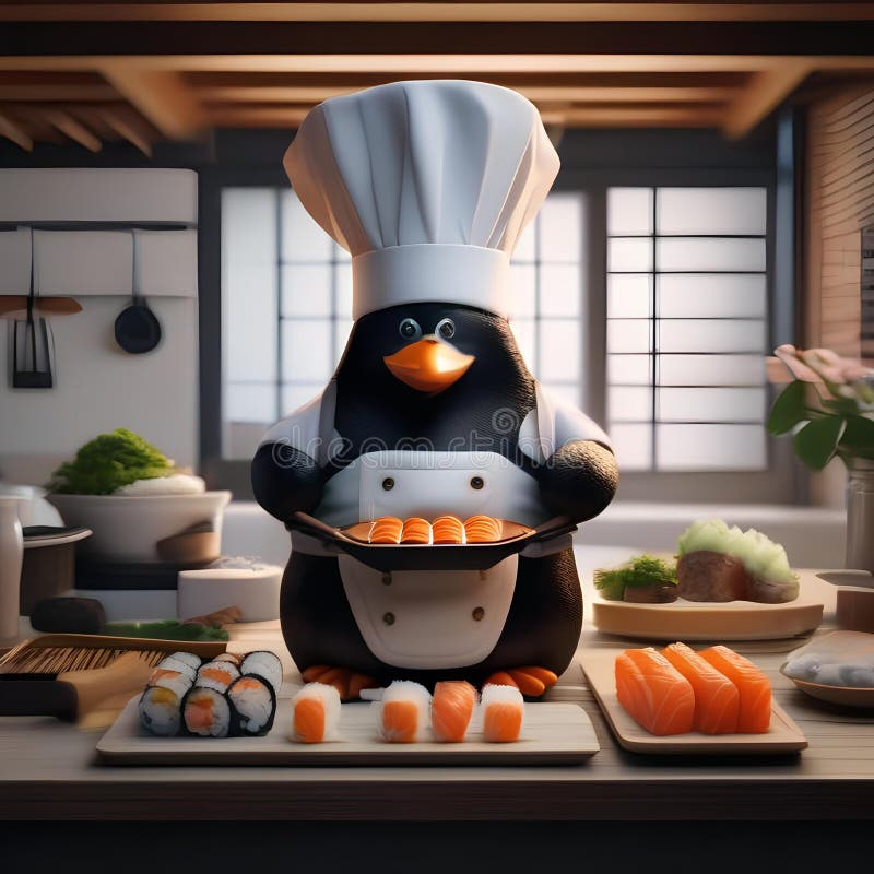 A Penguin Dressed As a Chef, Skillfully Preparing Sushi Rolls in a Tiny ...