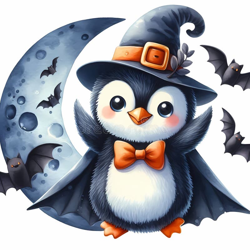 Penguin Dressed As a Witch with Bats and Moon Backdrop, Perfect for ...