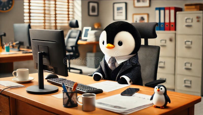 A Penguin Dressed in an Elegant Suit Sits at a Desk in an Office with a ...