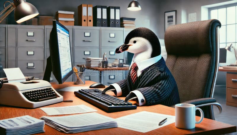 A Penguin Dressed in an Elegant Suit Sits at a Desk in an Office with a ...
