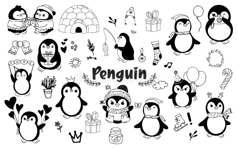 Penguin Element Doodle Hand Drawn Ornament Stock Vector - Illustration ...