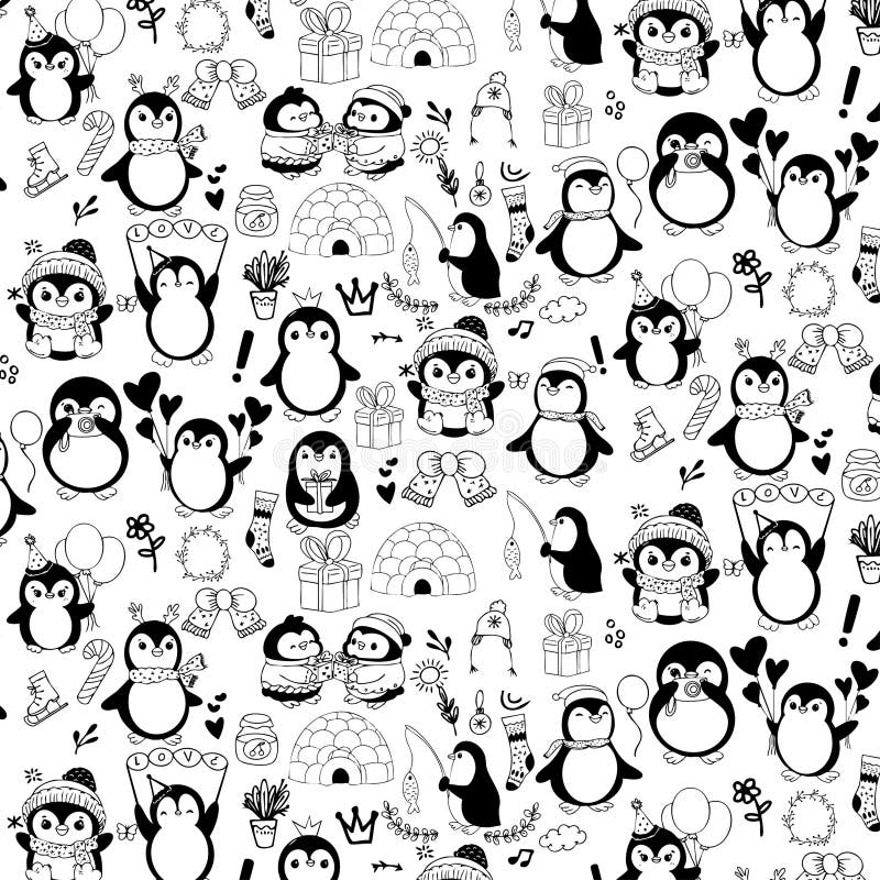Penguin Element Doodle Hand Drawn Ornament Seamless Pattern Stock ...