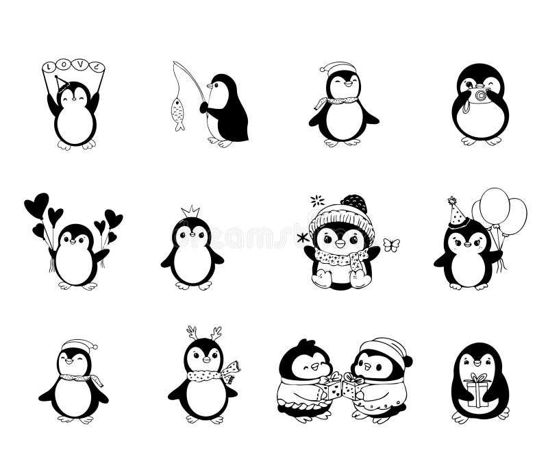 Penguin Element Hand Drawn Icon Set Stock Vector - Illustration of ...