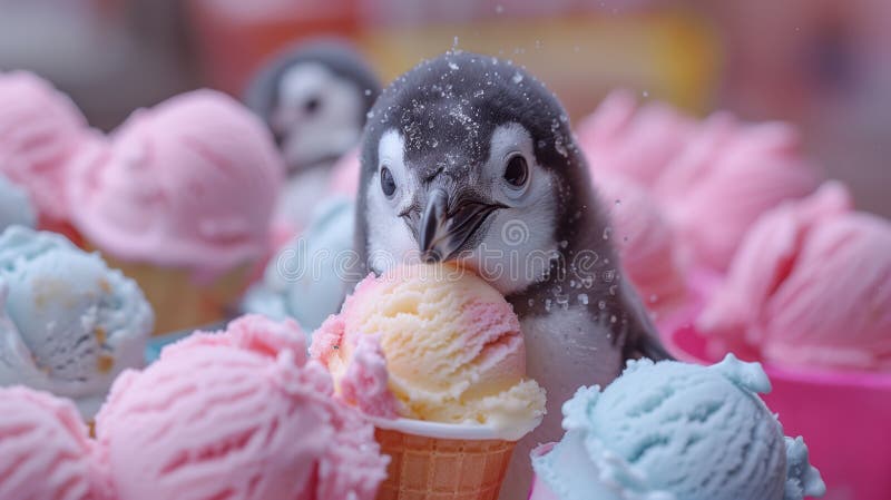 Penguin Enjoying Ice Cream in a Cone Stock Photo - Image of treat ...