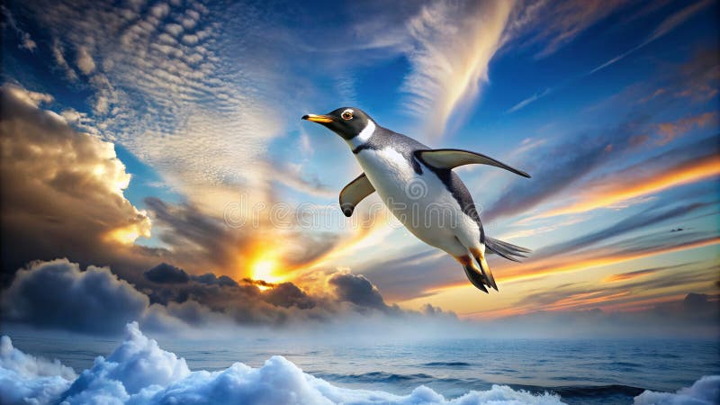 A Penguin Flying in the Sky and Clouds Above the Ocean Concept of ...