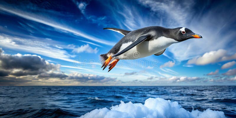 A Penguin Flying in the Sky and Clouds Above the Ocean Concept of ...